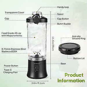 20 Oz Portable Blender for Shakes and Smoothies,4000mAh Electric Juicer, 270W Motor Smoothie Blender with BPA-Free & IP67 Waterproof, USB Fresh Juice Blender with 2 Mixing Modes for Travel, Gym, Black