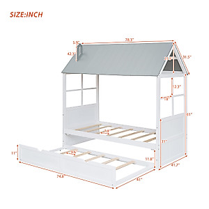 BIADNBZ Twin Size House Bed with Trundle,Wooden Playhouse Platform BedFrame with Roof and Window Design for Kids Teens Boys Girls Bedroom,No Box Spring Needed,White+Gray