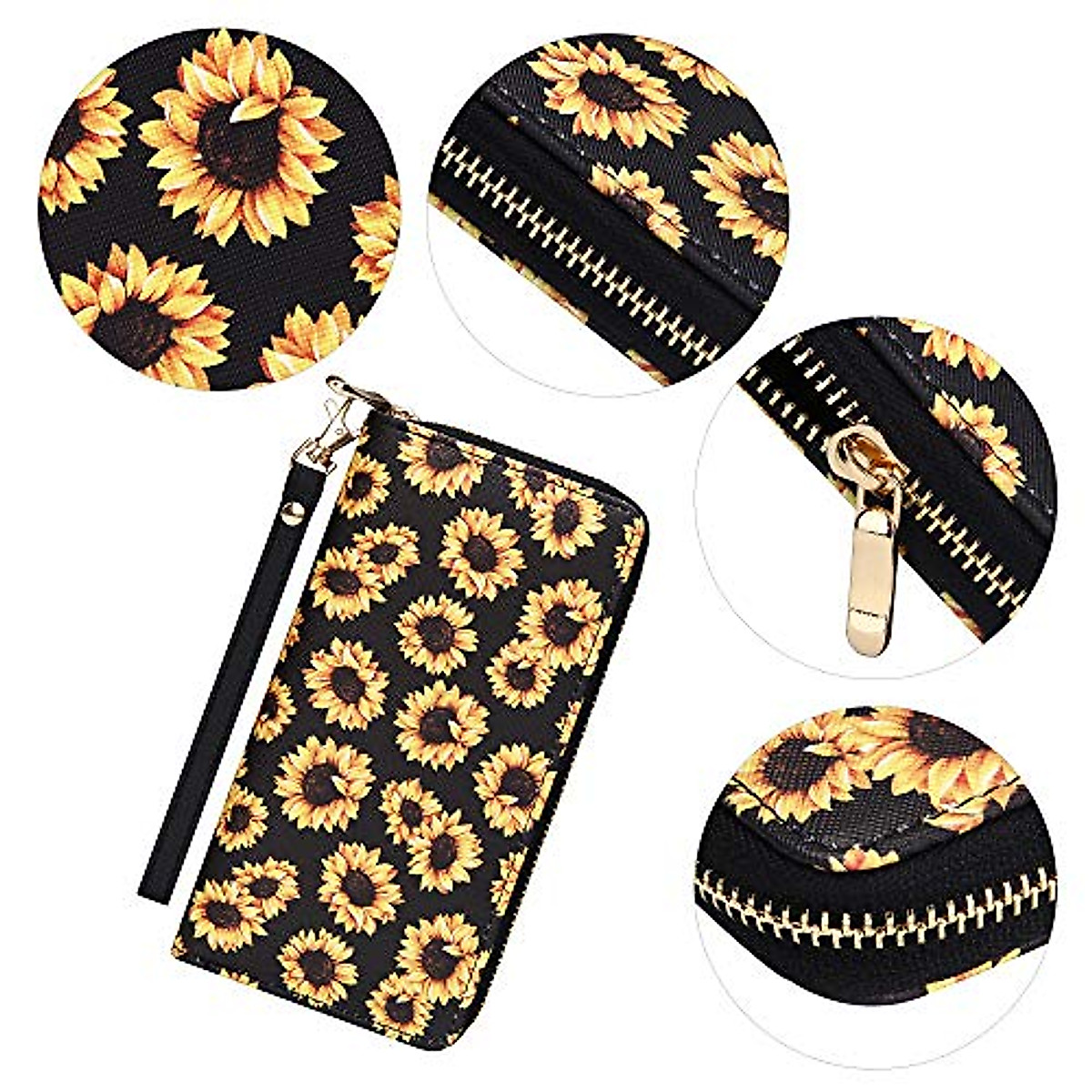 KUKOO Women’s Printed Zip Around Wallet Phone Clutch Purse Card Holder Organizer (Yellow -daisy-1)