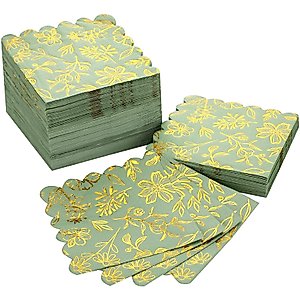 100 Pieces 2 Ply Sage Green Napkins Disposable Gold Foil Floral Paper Napkins Cocktail Napkins Scalloped Napkin for Dinner Wedding Bridal Shower Birthday Party Supplies Decoration, 5 x 5 Inch
