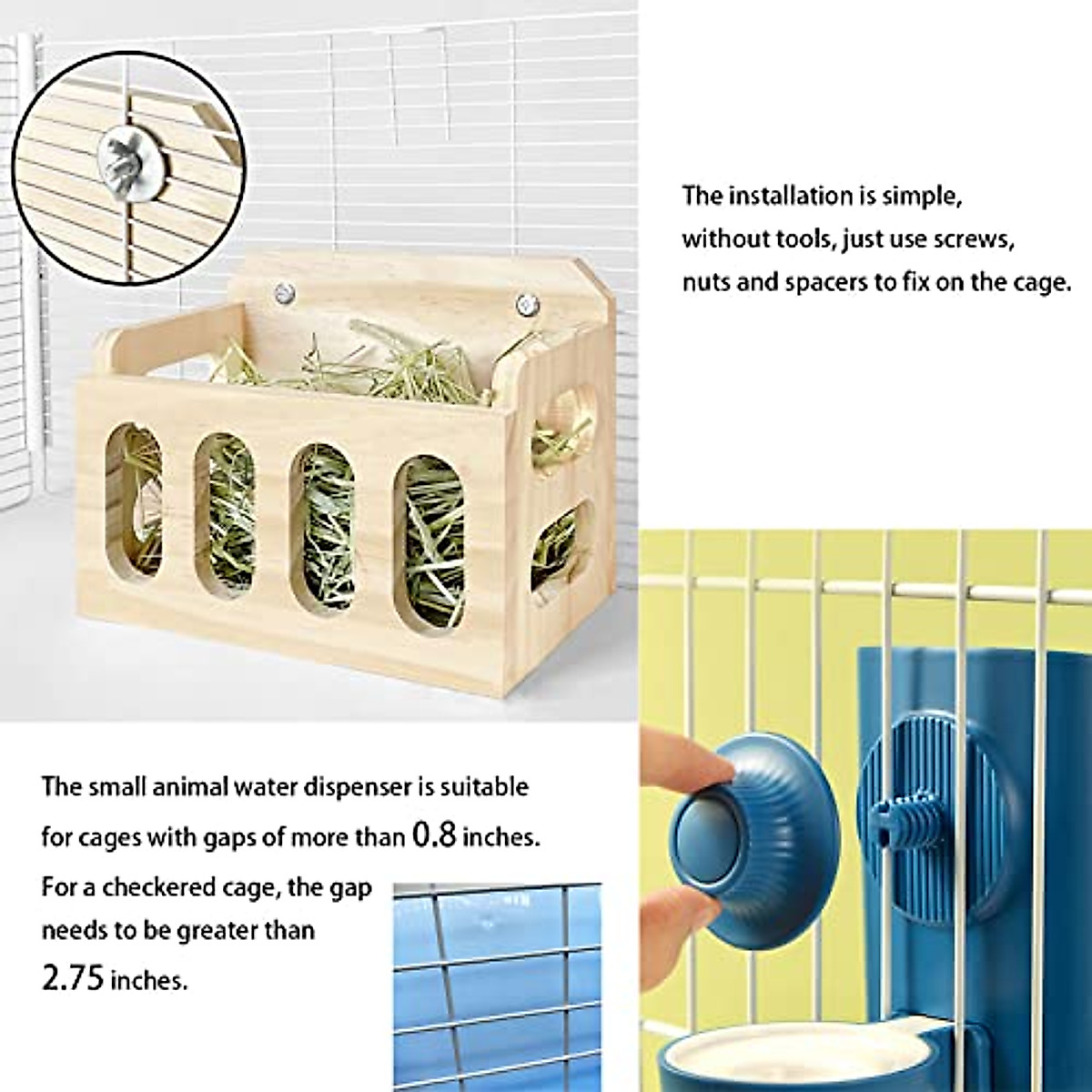 WEWAYKGJ Rabbit Hay Feeder Wooden Hay Rack Automatic Water Bottle Less Wasted Hay Feeder for Rabbit Bunny Chinchillas Guinea Pig Small Animal Supplies (Horizontal)