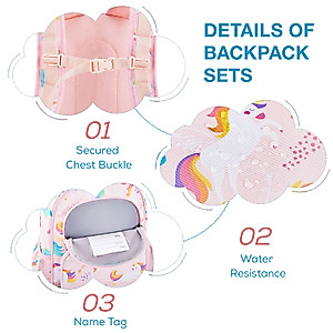 mommore Kids Backpack Set, Unicorn Backpack for Girls Lightweight Elementary Bookbag for Students School Backpack for Children with Chest Strap Water Resistant, 3pcs pink