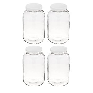 North Mountain Supply 1 Gallon Glass Jar Wide Mouth with White Plastic Lid - USDA, BPA-Free, Made in The USA - for Fermenting, Storing, Canning, and Much More! - Case of 4