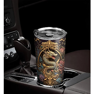 20oz Vintage Flower Dragon Tumbler, Gaming, Gamers Gifts for Dragon Lovers, Coffee Thermos for Women, Stainless Steel Double Wall Vacuum Insulated Coffee Mug, Travel Cup with Lid