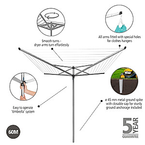 Brabantia Topspinner Outdoor 4 Arm Spinning Clothesline (197 ft/Ø 1.8") Rotating, Folding Clothes Drying Rack + Ground Spike (Gray)