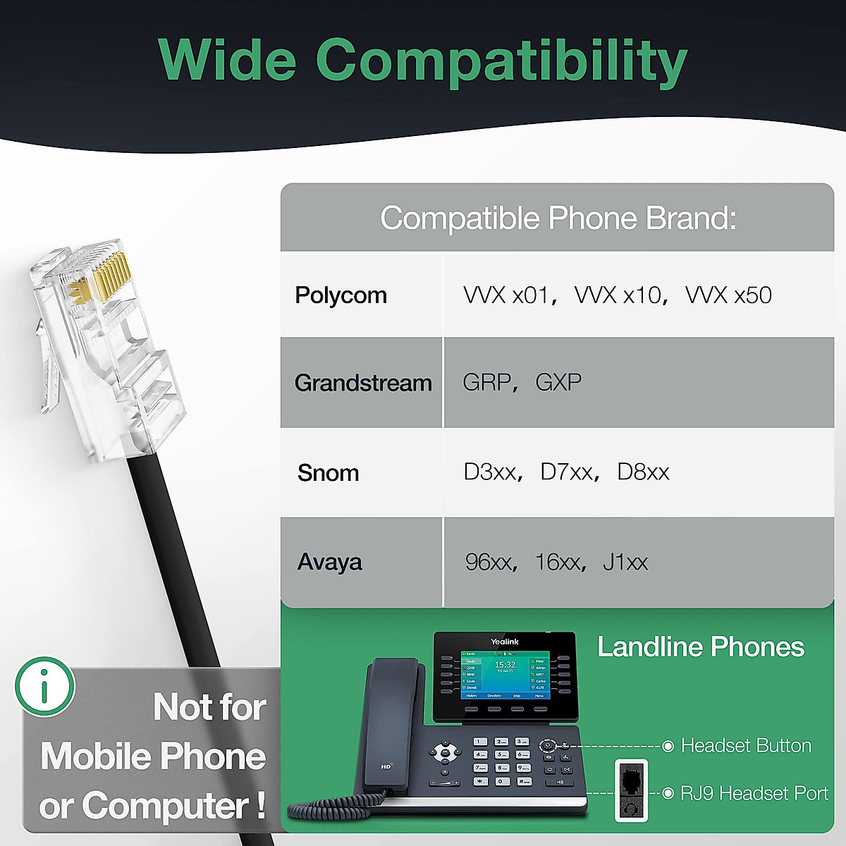 Yealink Phone Headsets for Office Phones YHS34 Lite QD to RJ9 Wired Headset Compatible with Poly Snom Grandstream Phones Desk Landline Headset with Microphone -Mono/72g/2.1m Cable