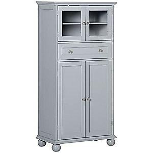 HOMCOM 52" Traditional Kitchen Pantry, Floor Storage Cabinet, Small Cupboard Organizer with Adjustable Shelves and 4-Doors for Dining Room, Living Room, Grey