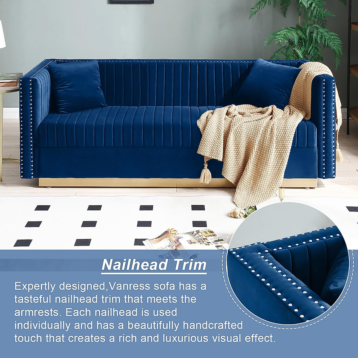Vanress 78" Velvet Upholstered Sofa,Modern Tufted Couch 3 Seater,Square Arm, with Nailhead Trim and 2 Pillows for Living Room, Office (Blue)