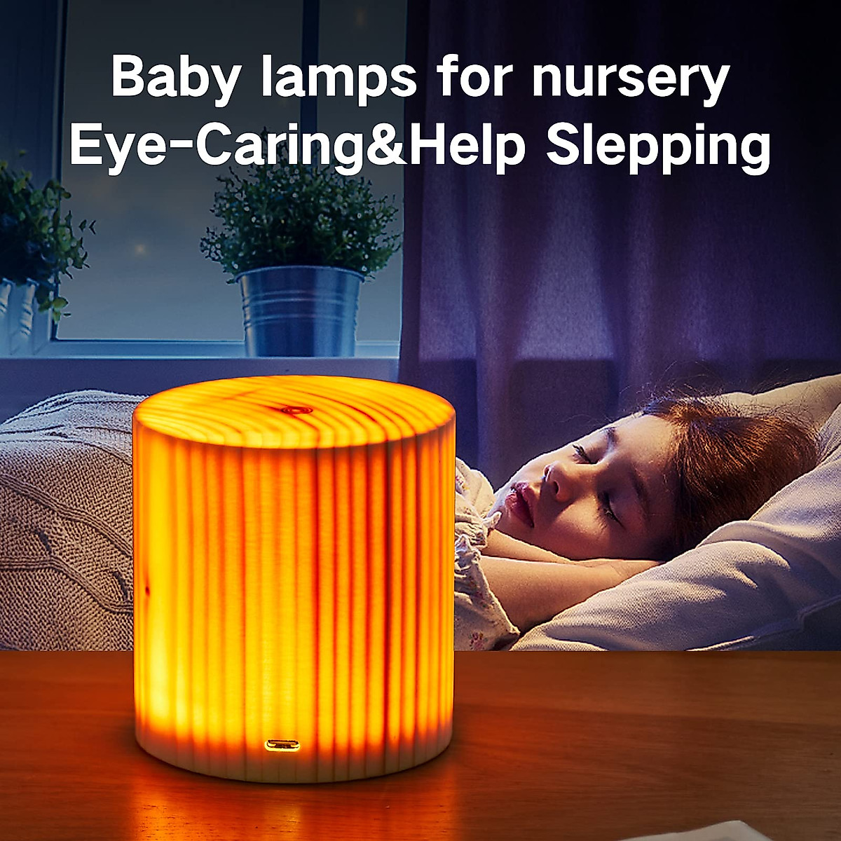 kooplus Wooden Night Light, Small Nursery Lamp for Sleep Helping with Memory Function, Rechargeable Lamp for Kids, Cylindrical