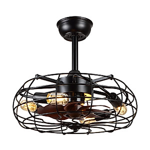 Asyko Caged Ceiling Fans with Lights - Black Outdoor Ceiling Fan with Remote and Reversible Fan Blades, Bladeless Low Profile Fan Light Fixtures for Indoor, Patios, Farmhouse(E26 Bulbs Not Included)