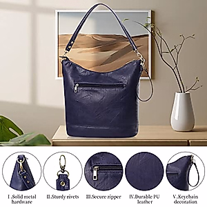 FUKUYIN Tote Shoulder Bag for Women PU Leather Large Capacity Hobo Purse and Handbag, with Zip Pockets Shoulder Strap (Navy Blue)