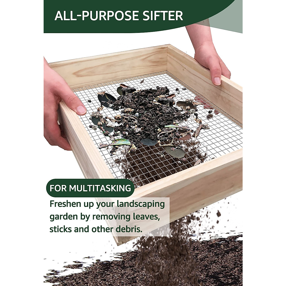 Soil Sifter,Dirt Sifter for Gardening Rock Sifter for Rocks Compost Sifter Wooden Sifting Screen,Garden Sieve for Pellet/Gravel/Soil/Leaves,Garden Tool 15.7" x11.8”x2.8” with 1/5” Mesh…