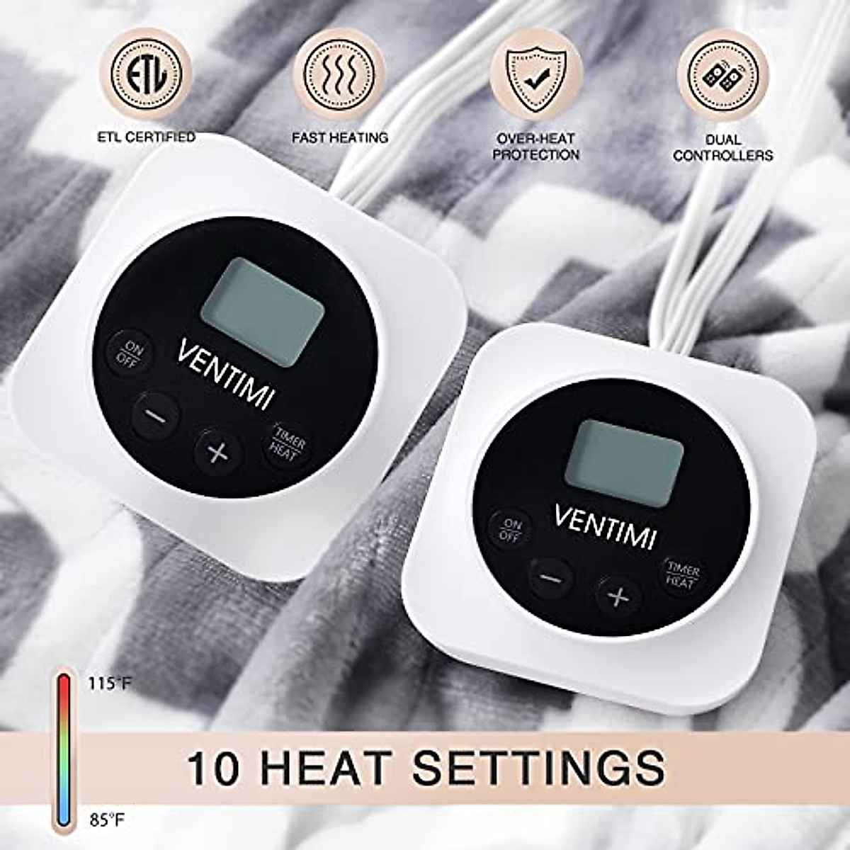 VENTIMI Electric Blanket Queen Size 84"x90", Heated Blanket with Dual Controllers, 10 Heating Levels & 1-12 Hours Auto Off Fast Heating Blanket, ETL Certificated, Grey