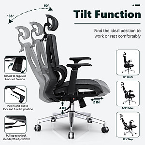 Ergonomic Office Chair, High Back Mesh Executive Chair with Lumbar Support, Adjustable Seat Depth, 3D Armrest & Headrest, Comfy Computer Desk Chair with Metal Base, for Gaming, Hotel, Black