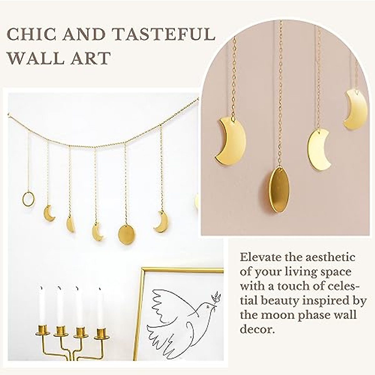 Mkono Moon Phase Wall Hanging Boho Aesthetic Room Decor Metal Moons Garland Hanging Art Bohemian Home Decoration for Girls Room Nursery Bedroom Livingroom Dorm, Ideal Gift, Gold, 50"