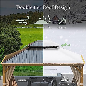 10'x12' Hardtop Gazebo, Wooden Coated Aluminum Frame Canopy with Galvanized Steel Double Roof, Outdoor Permanent Metal Pavilion with Curtains and Netting for Patio, Deck and Lawn(Wood-Looking)