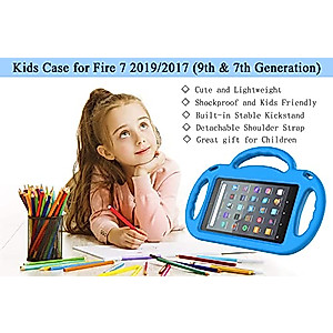 LTROP Kindle Fire 7 Tablet Case, Fire 7 2019/2017 Case for Kids - Light Weight Handle Stand Shoulder Strap Child-Proof Case for Fire 7-inch Display Tablet (9th Generation & 7th Gen) - Blue