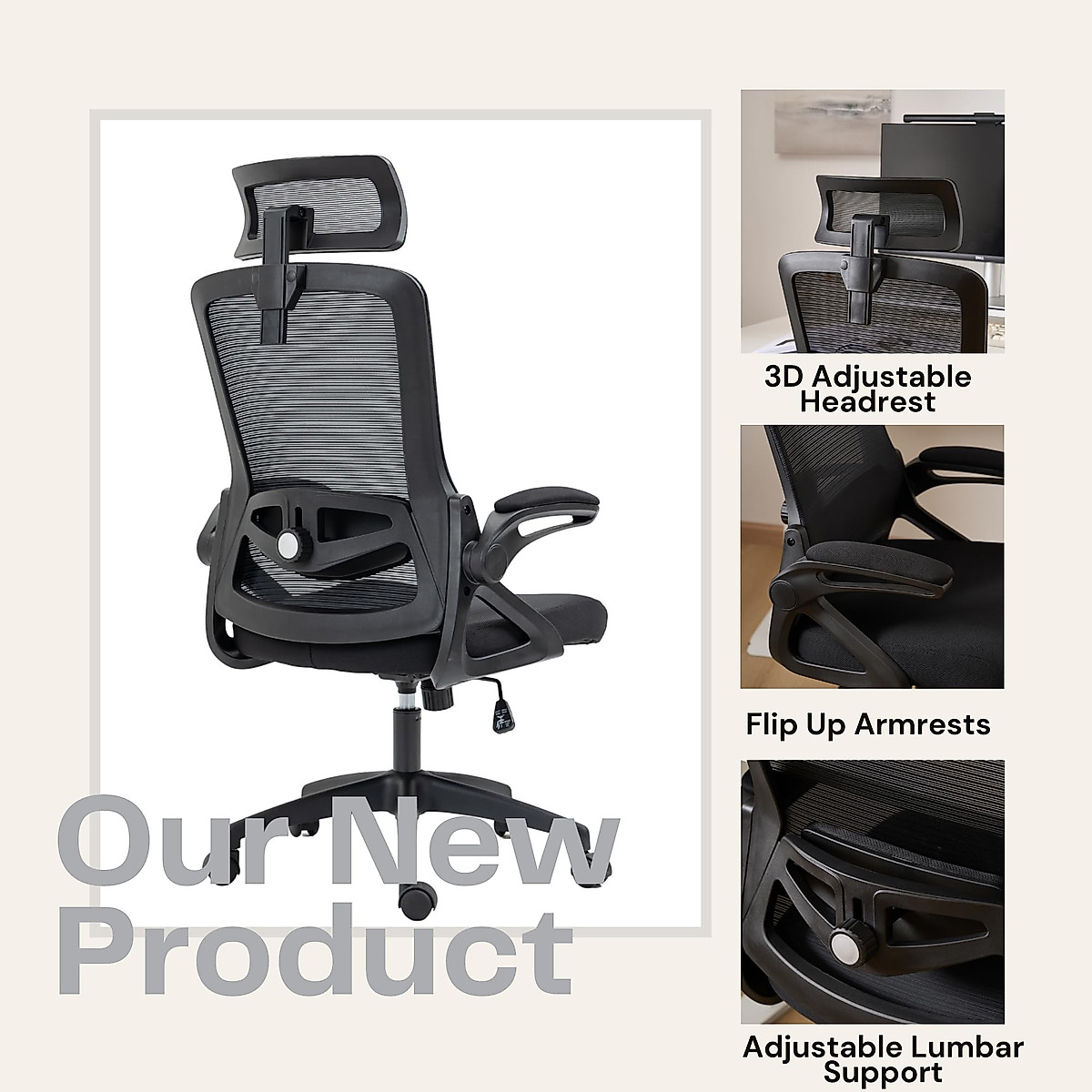Voohek Ergonomic Swivel Office Wheels and High Breathable Mesh Back, Height Adjustable, Computer w/Flip Up Arms, Lumbar Support & Headrest, Black Chair