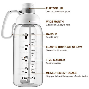 Opard Half gallon Water Bottle with Time Marker, 64oz Motivational Water Jug Large Sports Water Bottle with Straw Handle BPA Free for Gym Fitness (White)