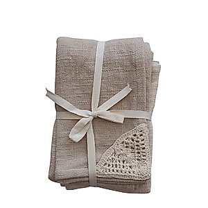 Creative Co-Op Cotton Woven Macramé Corners, Natural and Beige, Set of 2 Tea Towel, Tan