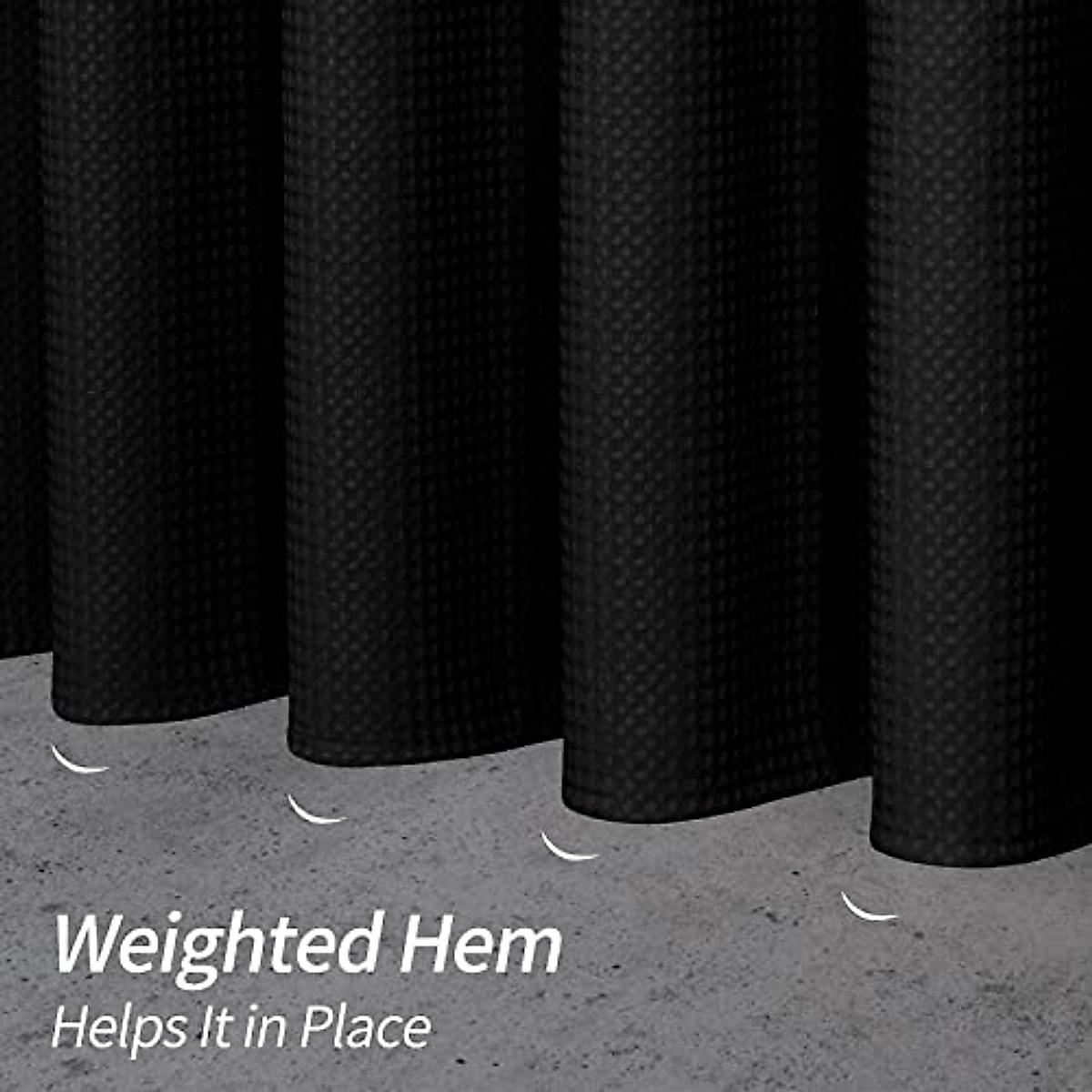 MitoVilla Black Waffle Fabric Shower Curtain, Heavyweight Hotel-Grade Cloth Shower Curtain for Modern Country Bathroom Decor, Waterproof & Wrinkle Resistant, 72 x 72