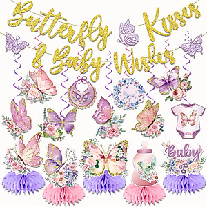 KMCCUMBER Butterfly Baby Shower Decorations, Purple Baby Shower Decorations Include Butterfly Kisses and Baby Wishes Banner Hanging Swirls and Honeycomb Centerpiece Party Decorations for Girl