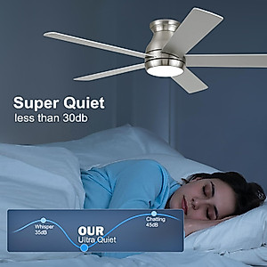 POCHFAN 52 Inch Low Profile Ceiling Fans With Lights and Remote, Flush Mount Modern Ceiling Fan, 3CCT Dimmable DC Ceiling Fan for Bedroom, Living Room, Brushed Nickel