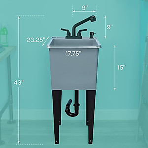 Space Saver Utility Sink by JS Jackson Supplies, Pull-Out Faucet, Soap Dispenser, Grey Tub with Black Faucet