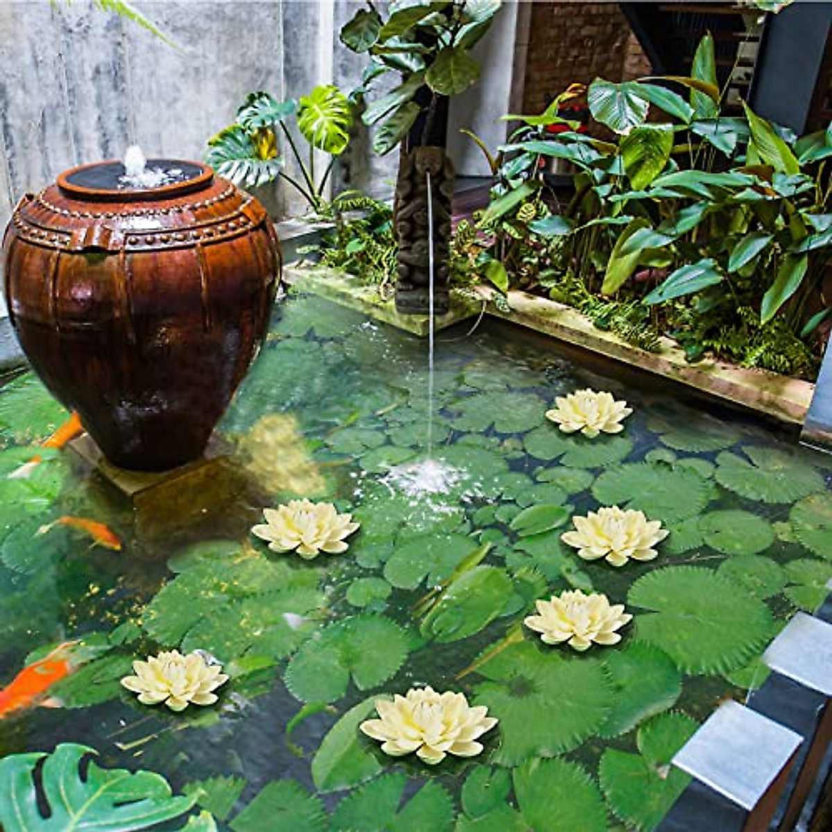 Dolicer Artificial Floating Foam Lotus Flowers 6Pcs Artificial Water Lily Pads Plastic Foam Lotus Flowers Lotus Lilies Pad Ornaments for Patio Koi Pond Pool Aquarium Home Garden Party Decor, Ivory