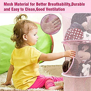 3Pcs Hanging Mesh Space Saver Bags Organizer 3 Compartments Toy Storage Basket for Kids Room Organization mesh Hanging Bag Set (Pink, Rose, Purple)