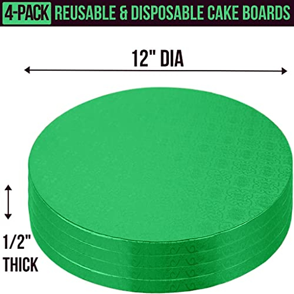 12 Inch Cake Boards - 4 Pack Cake Drums 12 Inch Dia - Disposable Green Cake Board Circles - Reusable Round Cake Boards - Cake Base Cardboard Cake Rounds - Cake Decorating Supplies & Baking Supplies