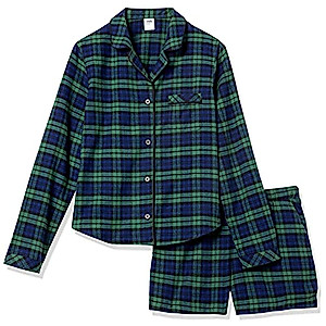 Amazon Essentials Women's Lightweight Woven Flannel Pajama Set with Shorts, Dark Green Navy Blackwatch Plaid, Small