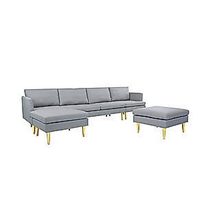 KoiHome Convertible Sectional Handrail, 6-Seater Sleeper Sofa Couch with Metal Gold Conical Legs, Modern Home Furniture for Living, Bedroom,Office,Waiting Room, Polyester, Light Grey