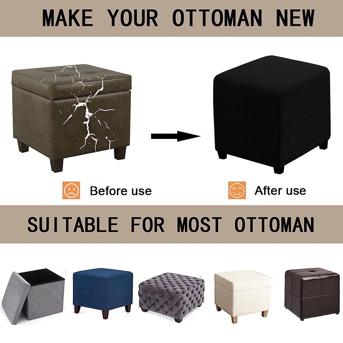 Bifaunvogel Ottoman Cover Square Folding Storage Ottoman Slipcovers Jacquard Stretch Cube Footrest Foot Stool Covers Protector with Elastic Band (Small,Black)