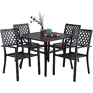 MFSTUDIO 5 Piece Black Metal Outdoor Patio Dining Bistro Set with 4 Armrest Chairs and Steel Frame Slat Larger Square Table, 37" Table and 4 Backyard Garden Chairs Outdoor Furniture Set, Black …