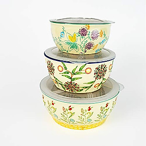 Euro Ceramica Ella 3 Piece Nesting Storage Bowls Set with Lids Assorted Multicolor Asian Floral Design, 82Fl oz