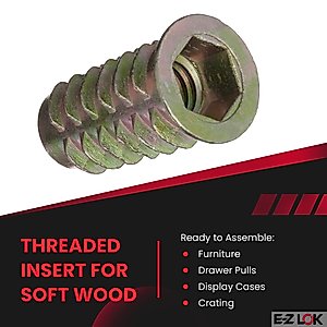 E-Z LOK Knife Threaded Insert for Soft Wood, Zinc Hex-Flanged Thread Inserts 3/8-16 Internal Threads, 25mm Length Pack of 25