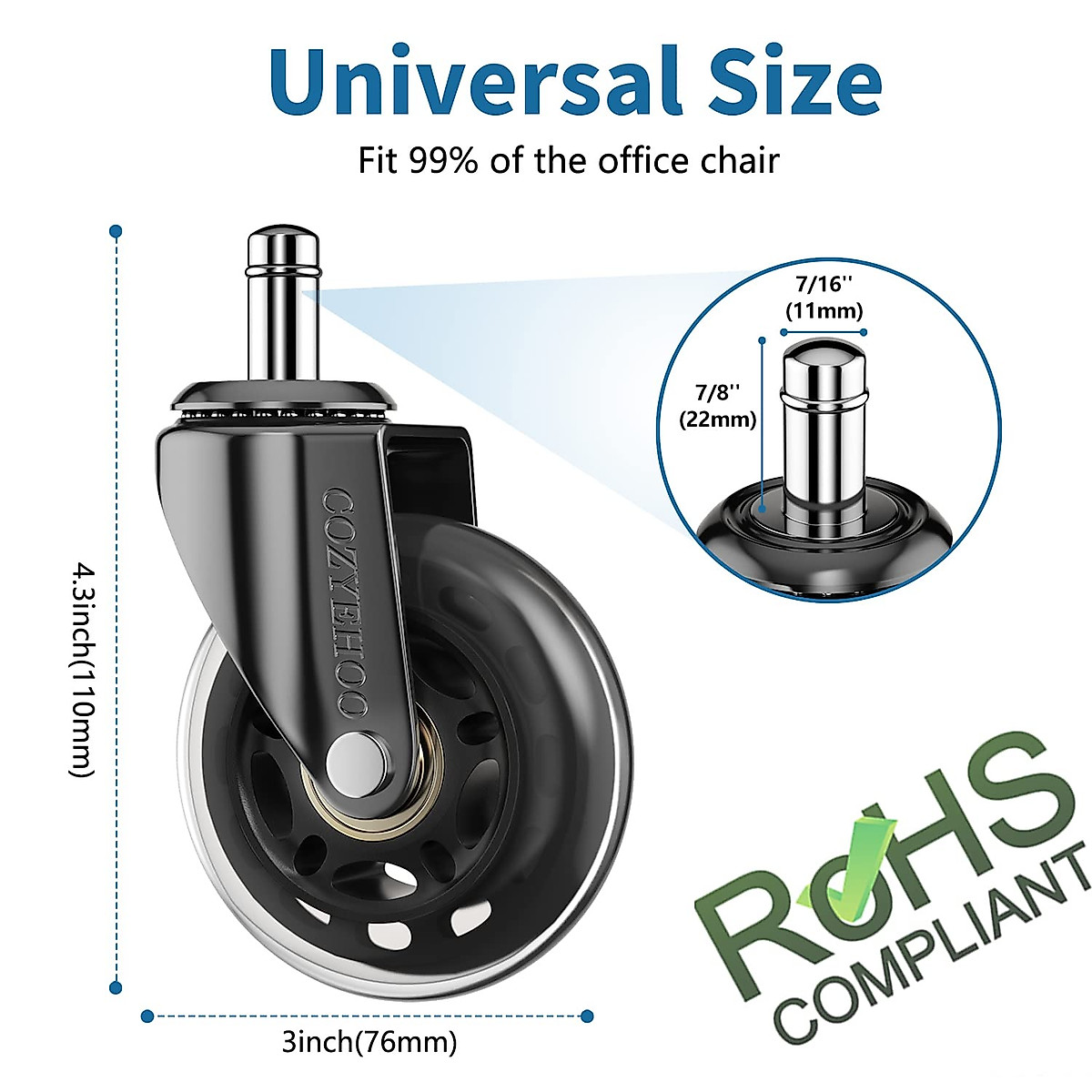 Office Chair Wheels, Heavy-Duty Caster Wheels 3 Inch, Replacement Wheels for Office Chair, Rubber Casters for Wood Floors/Carpet, Safe Quiet Rolling for Office Desk Chair Chair Wheels Set of 5