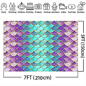 Avezano Mermaid Birthday Backdrop Glitter Mermaid Scales Backdrops Kids Birthday Party Decor Girls Princess Baby Shower Photo Background Purple Aqua Green Shell Backdrop (7x5ft)