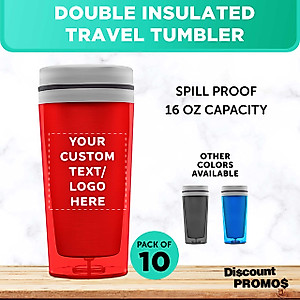 Custom Insulated Double Wall Travel Tumbler with Lid 16 oz. Set of 10, Personalized Bulk Pack - Perfect for Iced Coffee, Soda, Other Hot & Cold Beverages - Red