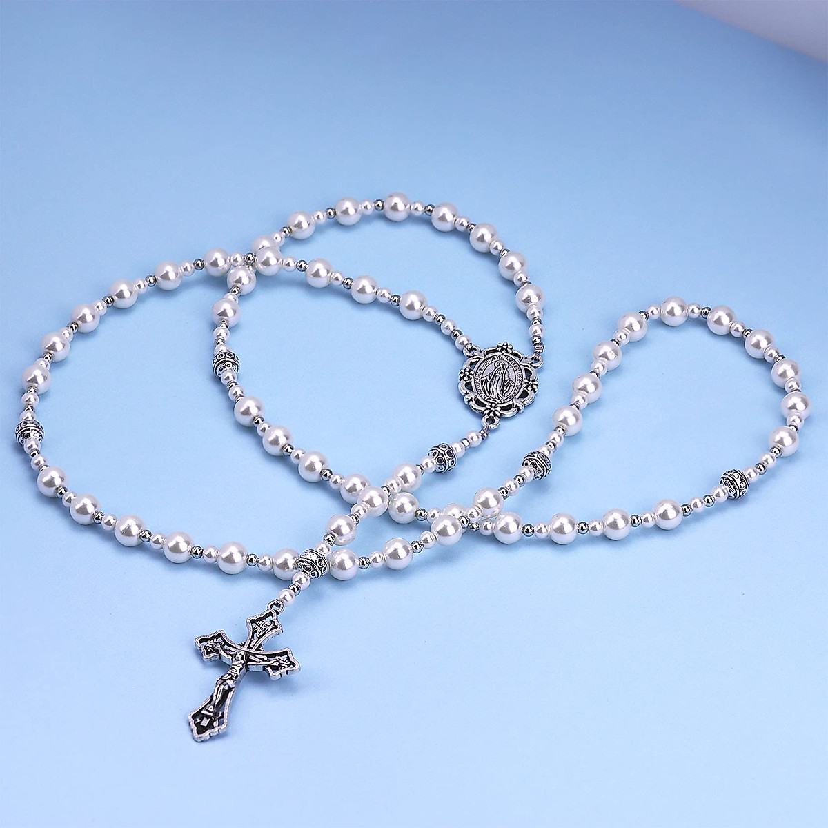 Catholic Pearl Beads Rosary for Women, Simulated White Pearl Beads Rosary Necklace Miraculous Medal & Cross
