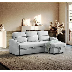 Melpomene Convertible Sectional Sofa Couch Pull Out Bed Sleeper Sofa with Storage 3 Seater L Shaped Couch Linen Upholstered Fabric Corner Sofa with 2 Cupholders for Living Room (Grey)