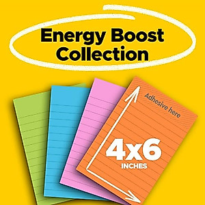 Post-it Super Sticky Lined Notes, 4 Sticky Note Pads, 4 x 6 in., School Supplies, Office Products, Sticky Notes for Vertical Surfaces, Monitors, Walls and Windows, Energy Boost Collection