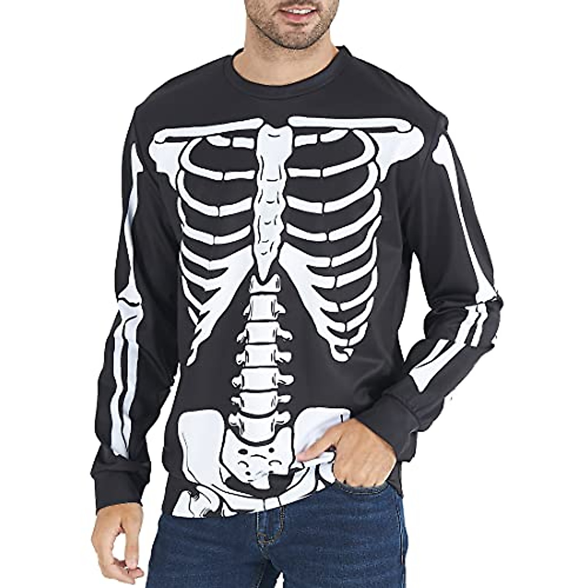 RAISEVERN Mens Halloween Sweatshirts Skeleton Print Funny White Bone Pullover Long Sleeve Shirts Black Cool Holiday Festival Sweater for Women