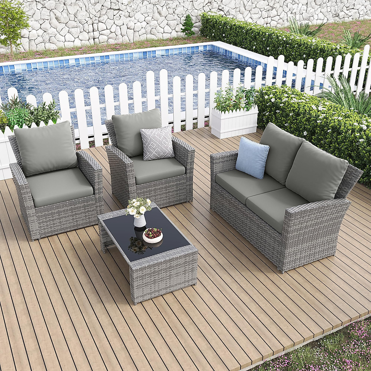 Amopatio 4 Pieces Outdoor Patio Furniture Set,Wicker Sectional Sofa Outdoor Patio Set Outdoor Rattan Patio Furniture, Patio Conversation Sets with Cushion, Grey