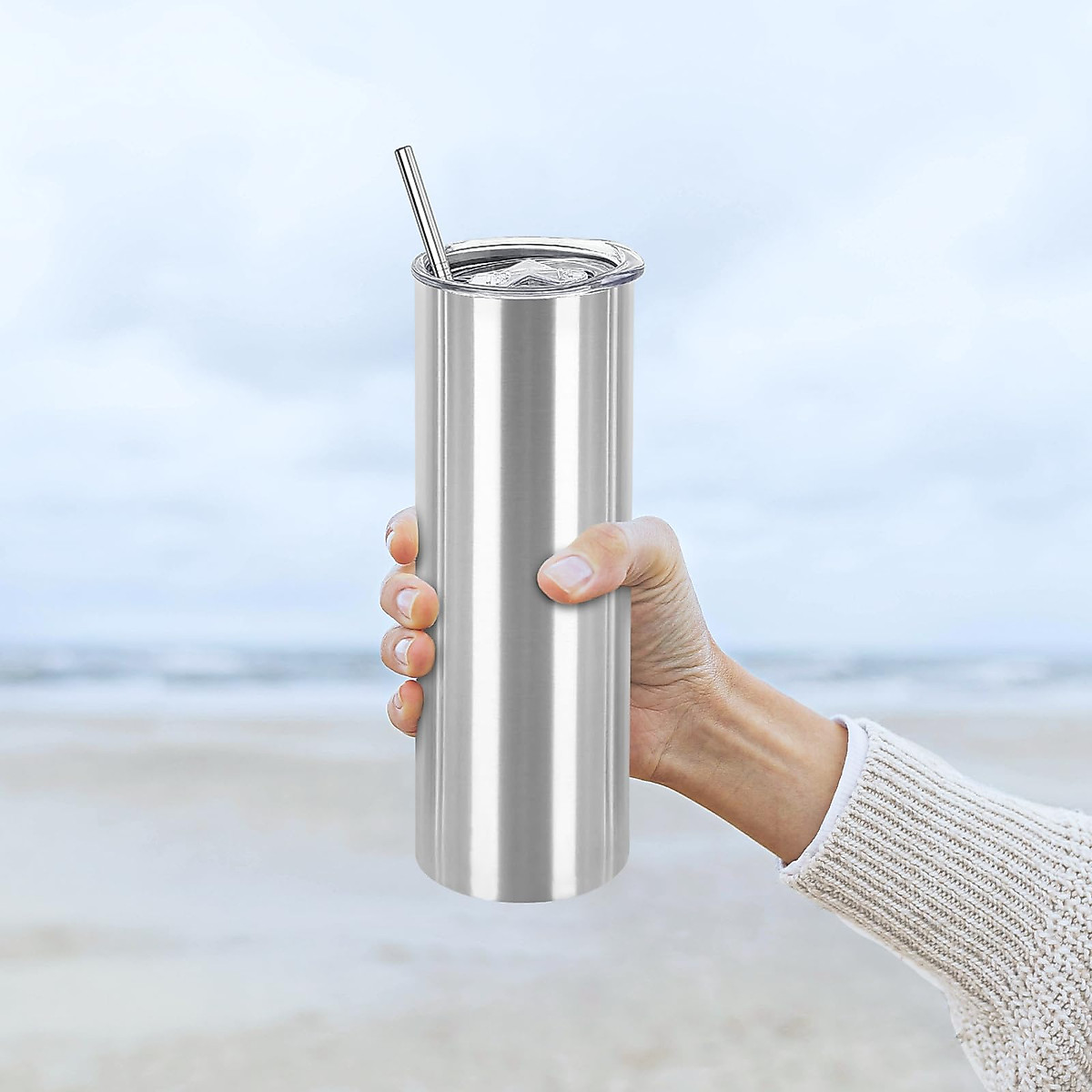 YOUKE OLA 12 Pack Stainless Steel Skinny Tumblers, 20oz Bulk Straight Double Wall Insulated Tumbler with Lid and Straw for Travel, DIY, Silver