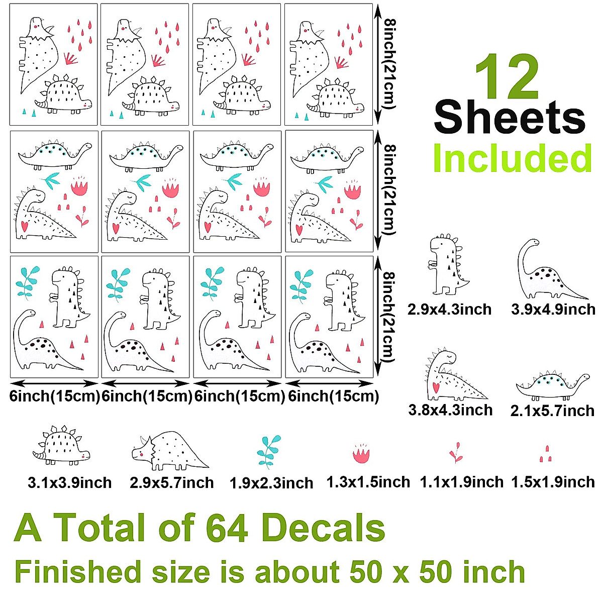 Maydahui Cute Black Dinosaur Wall Sticker Minimalist Dino Animal Plant Wall Decals(50x50 Inch) Peel & Stick Removable Decals for Girls Boys Bedroom Playroom Nursery Décor