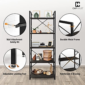 CAPHAUS 6 Tier Bookshelf, 24 Inch Width Free Standing Shelf, Bookcase Shelf Storage Organizer, Industrial Book Shelves for Home Office, Living Room, Kitchen, Black Shelves & Metal Frame