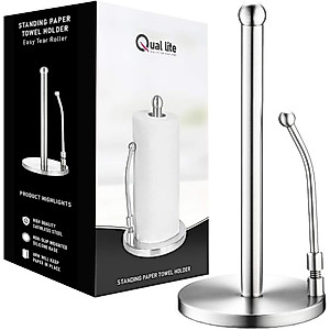 QUAL-LITE Stainless Steel Paper Towel Holder Stand - Weighted Paper Towel Organizer with Tension Arm for Any Tissue Roll Size - Modern Countertop Paper Towel Holder - Rust-Proof