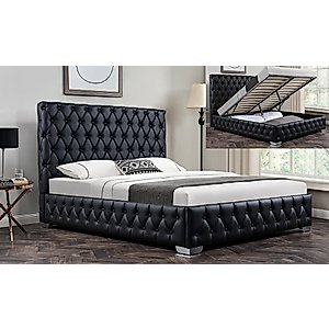 Upholstered Bed Frame with Storage, Faux Leather Platform Bed Frame, No Box Spring Needed, Black-Full